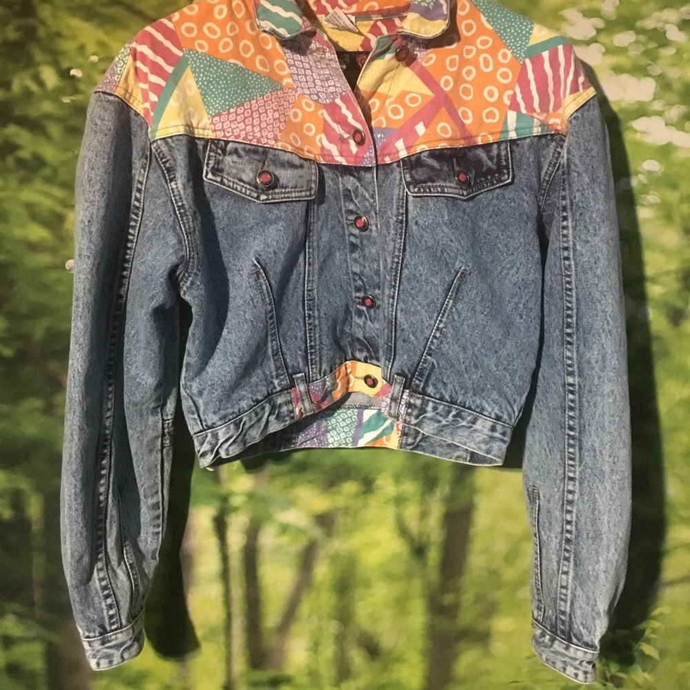 Vintage Patterned Bright Denim Jacket 90s Cowgirl - Gem